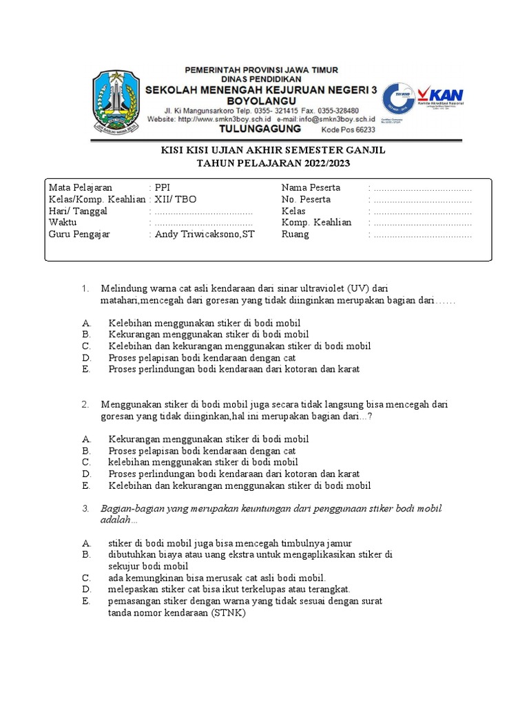 Kisi Soal Uas Andy S-1 - Xii Ppi Tbo-2022 | PDF