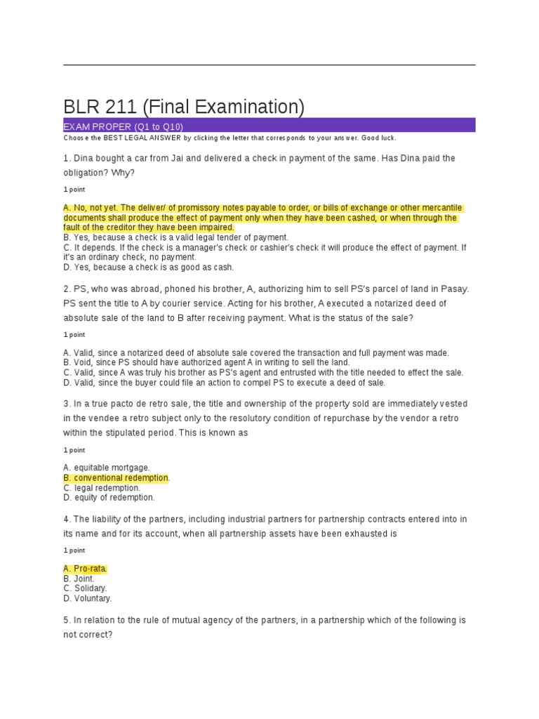 BLR 121 Final Exaam | PDF | Mortgage Law | Partnership