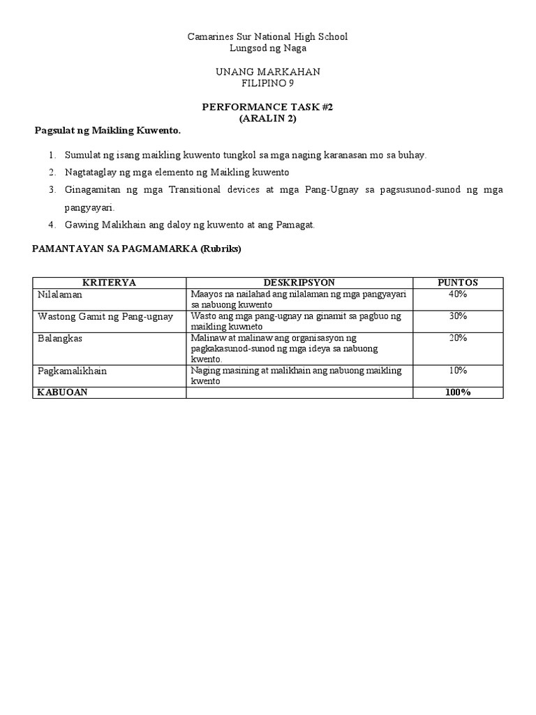 PERFORMANCE TASK Aralin 2 | PDF