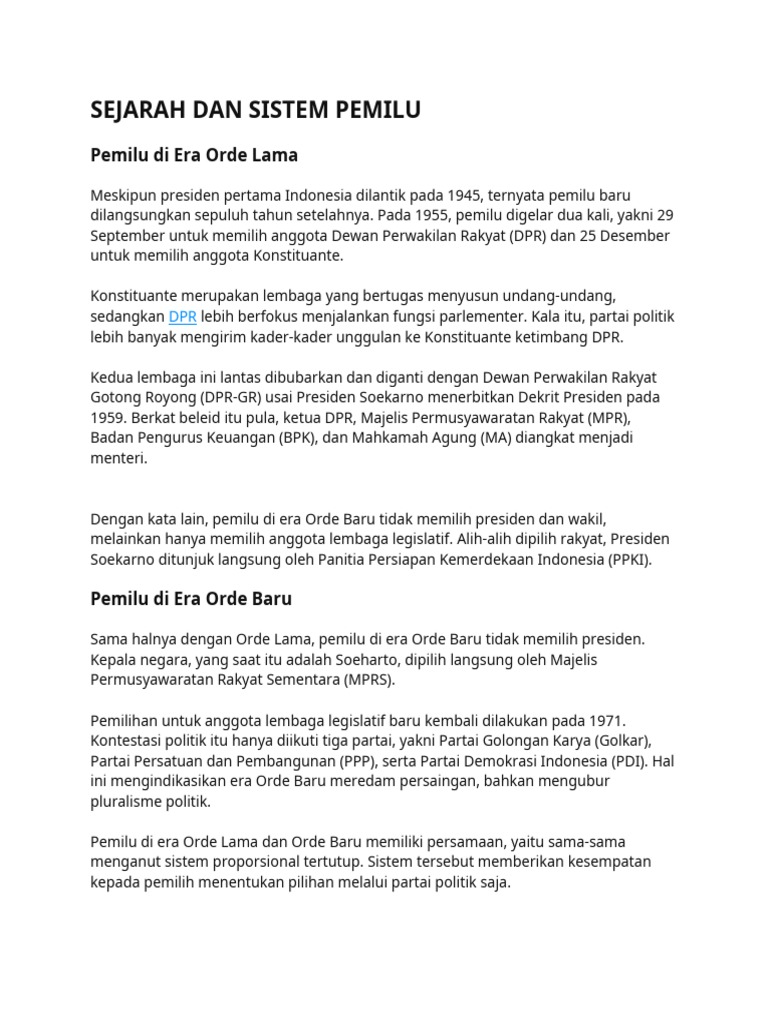 Sejarah Perkembangan Sistem dan Pelaksanaan Pemilu di Indonesia | PDF
