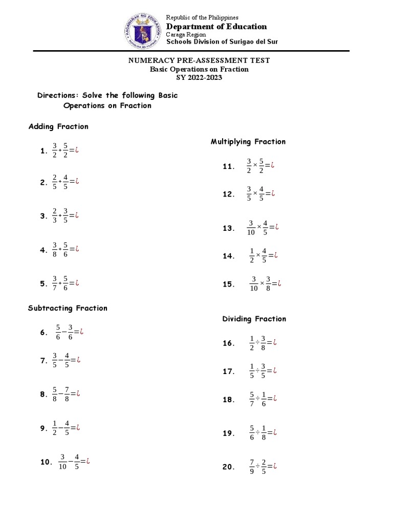 Numeracy Pre-Assessment Test: Basic Operations on Fractions for ...