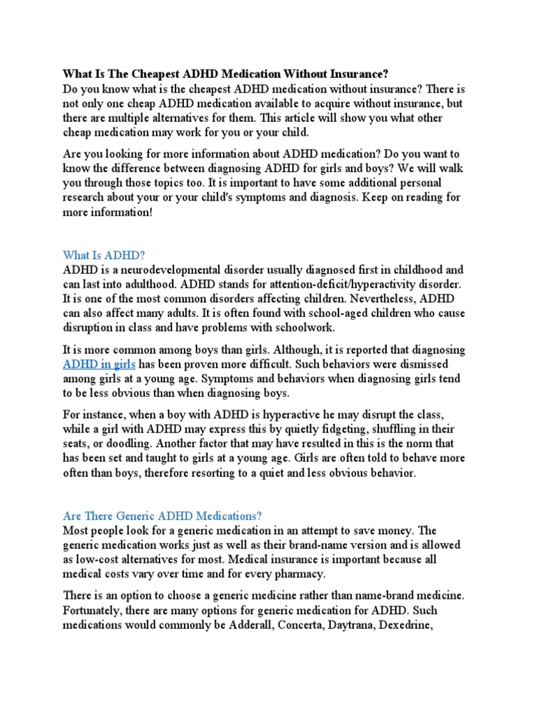 What Is The Cheapest ADHD Medication Without Insurance | PDF ...