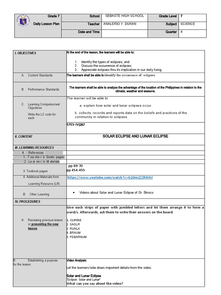 Grade 7 Science Lesson on Eclipses | PDF | Shadow | Solar Eclipse