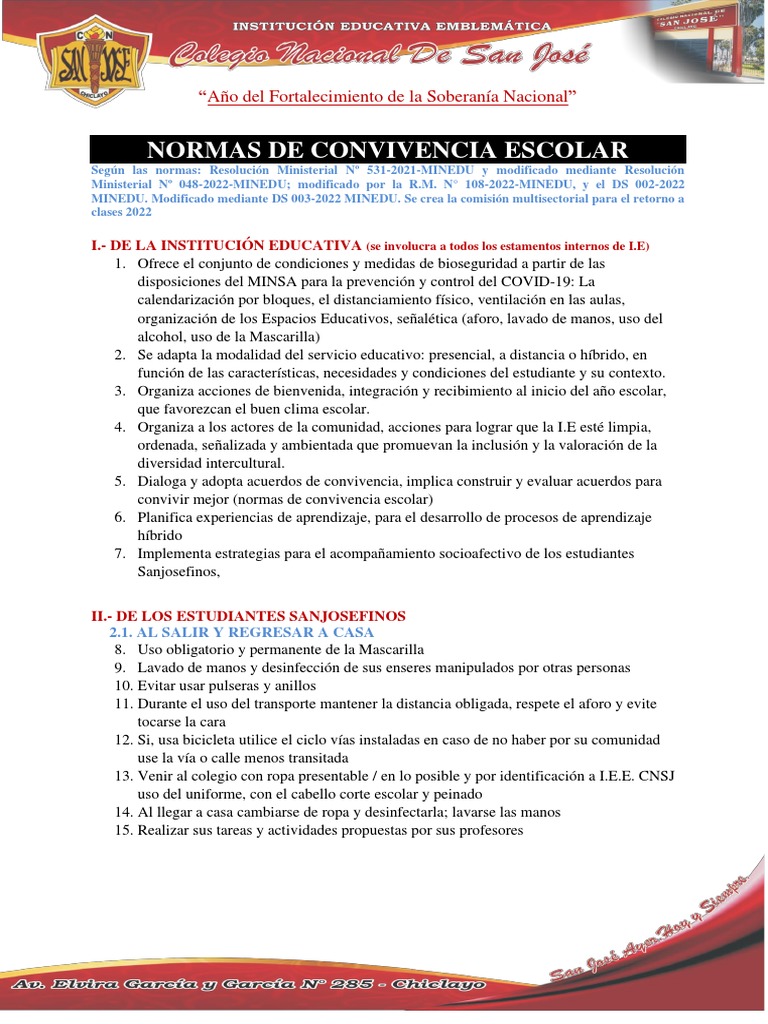 Normas de Convivencia Escolar IEE, CNSJ | PDF | Salud pública ...