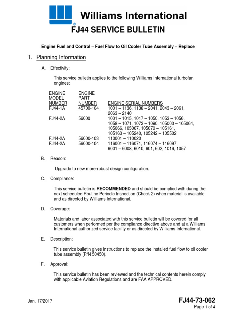FJ44 Service Bulletin - Fuel Flow Tube Replacement | PDF | Engines | Manufactured Goods