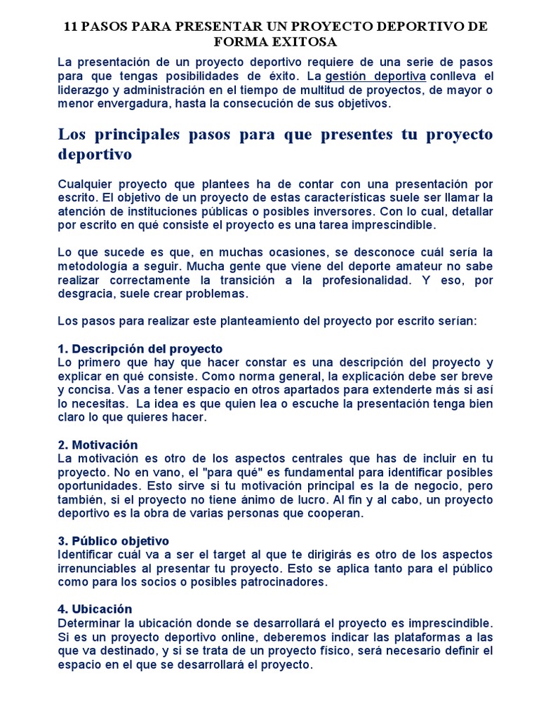 11 Pasos para Presentar Un Proyecto Deportivo de Forma Exitosa | PDF ...
