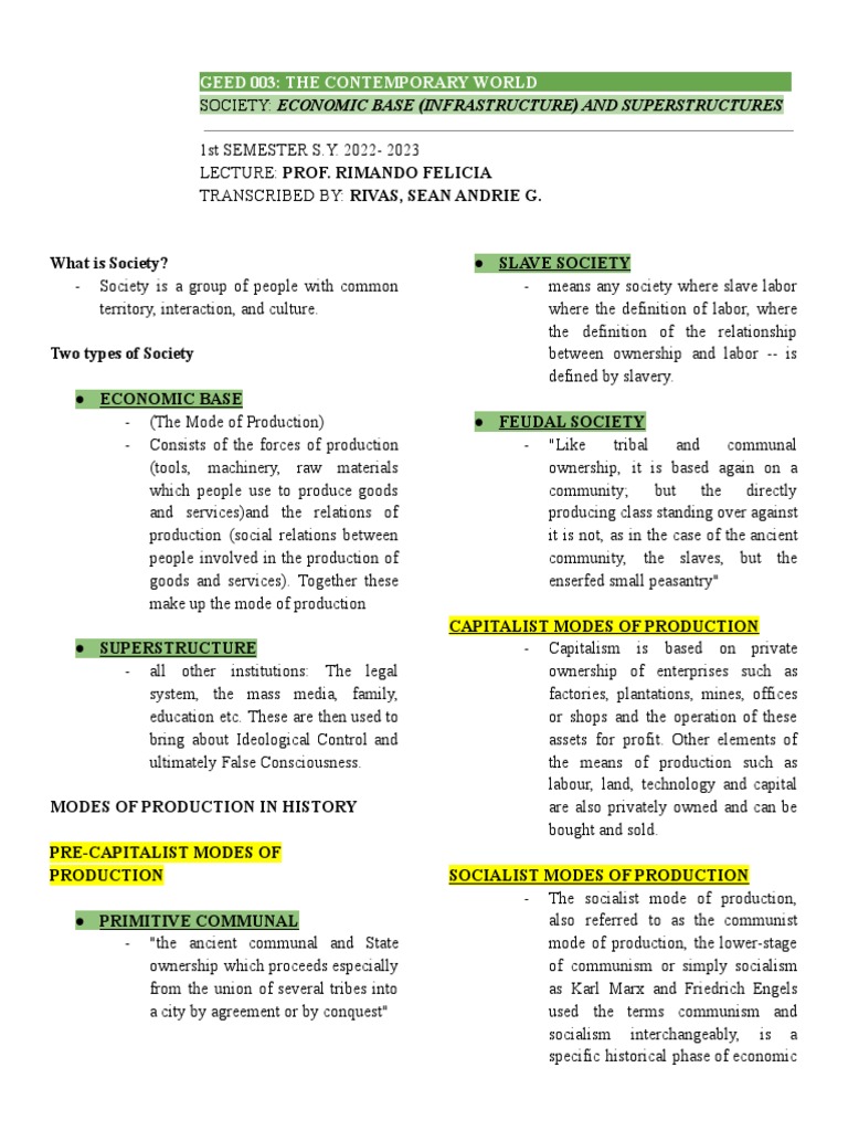 Economic Base (Infrastructure) and Superstructures | PDF | Economies ...