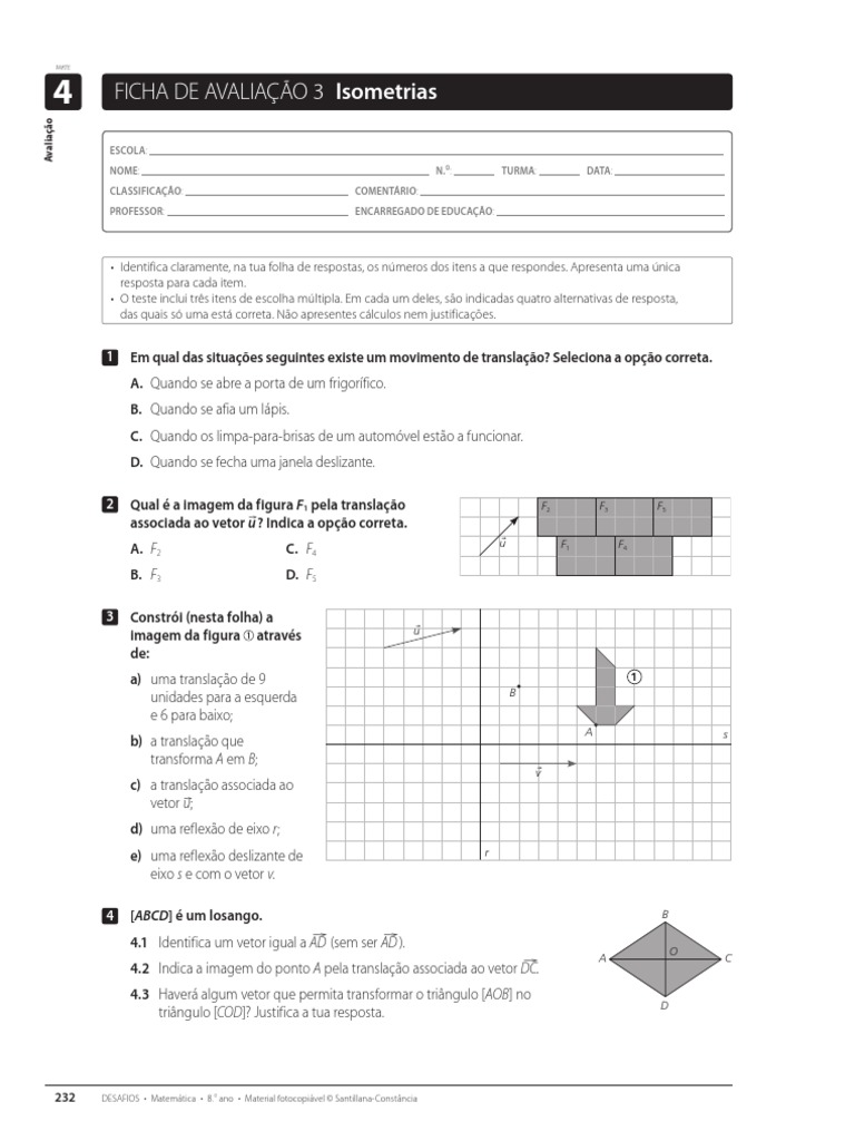Ficha - de - Avaliacao - 3 - P - 85 ISOMETRIAS 8º ANO | PDF | Simetria | Vetor euclidiano