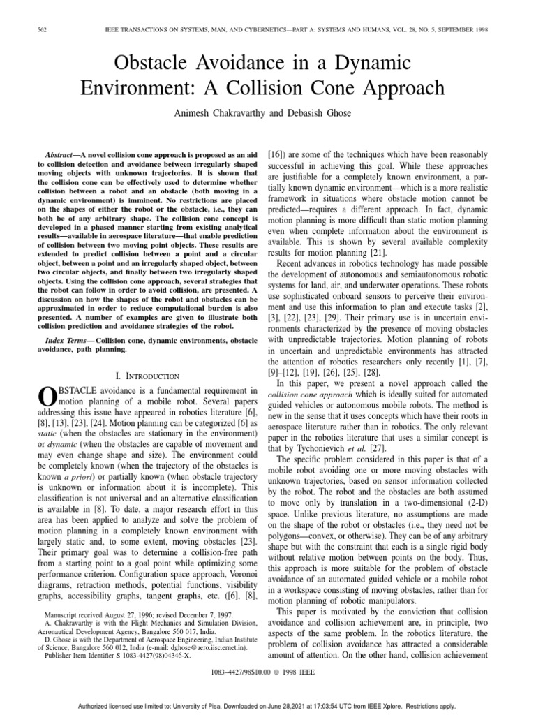Obstacle Avoidance in A Dynamic Environment A Collision Cone Approach | PDF | Science & Mathematics
