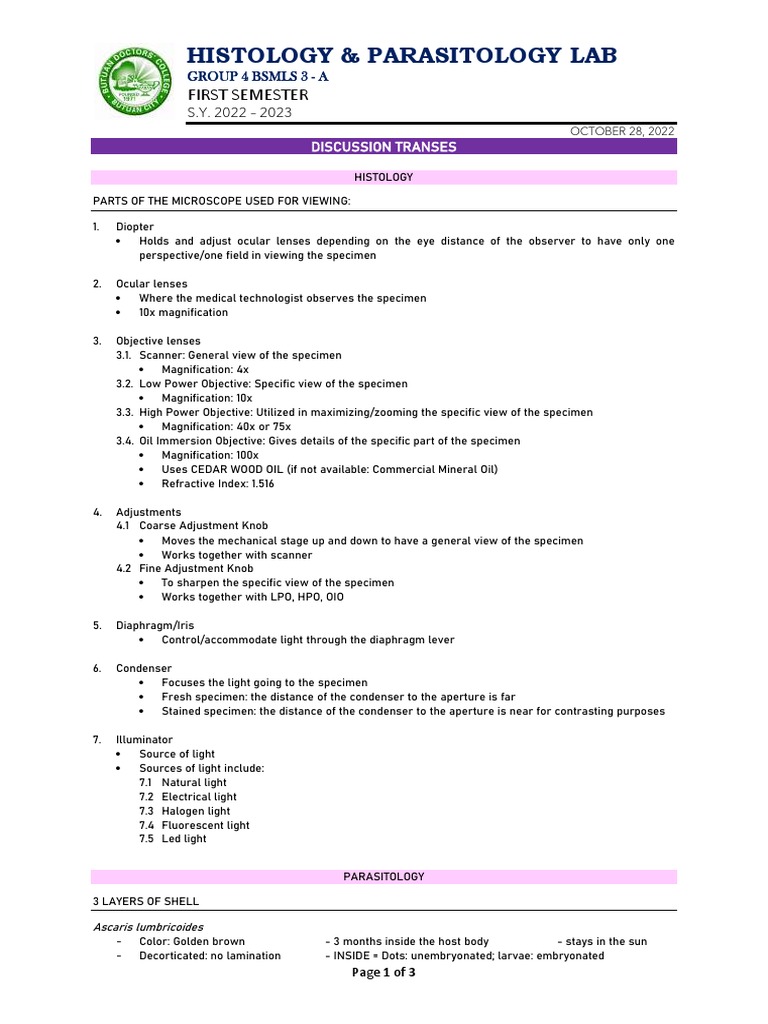 Histology and Parasitology Laboratory Transes | PDF | Medical ...