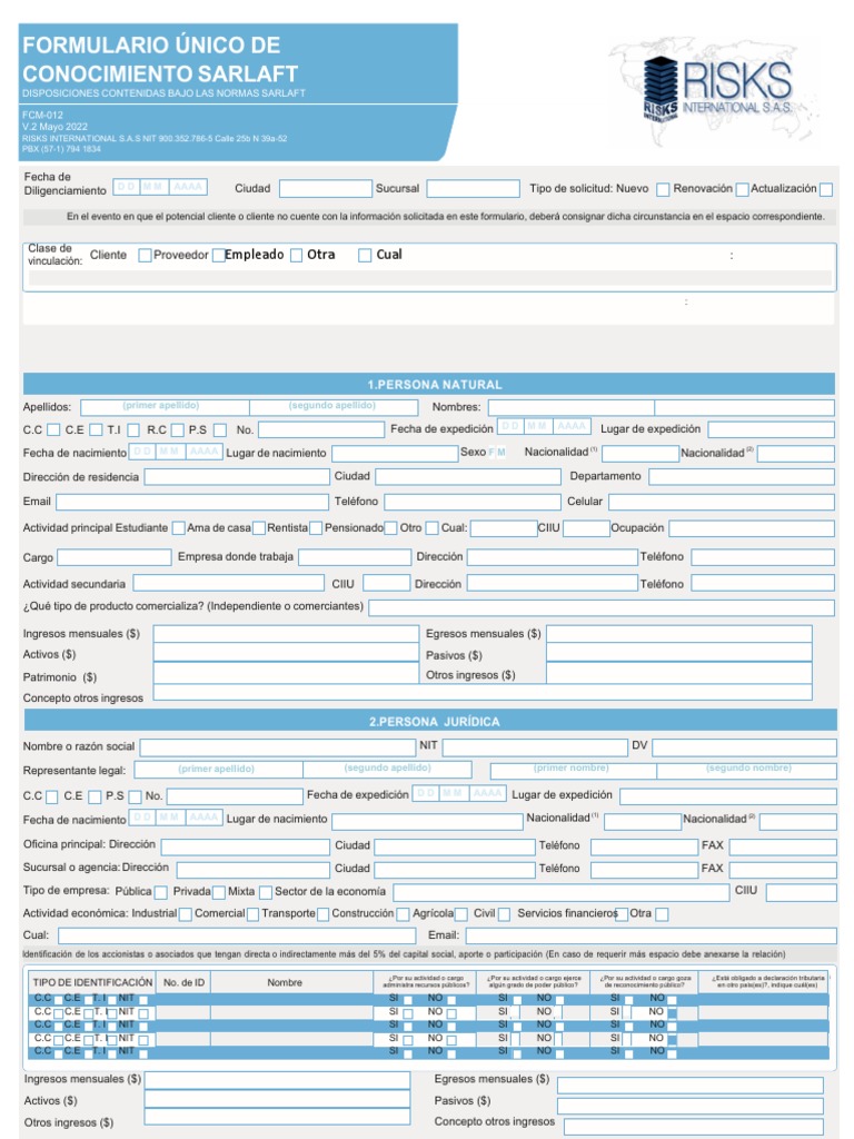 FORMULARIO CONOCIMIENTO DEL CLIENTE SARLAFT V.2 (1) | PDF | Corrupción política | Información