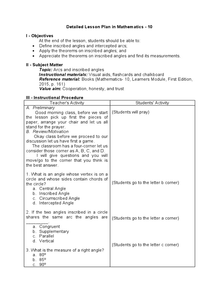 DLP in Math - 10 | PDF | Angle | Circle