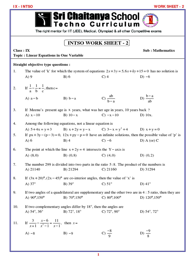 9 - Class INTSO Work Sheet - 2 - Linear Equations | PDF | Equations | Algebra