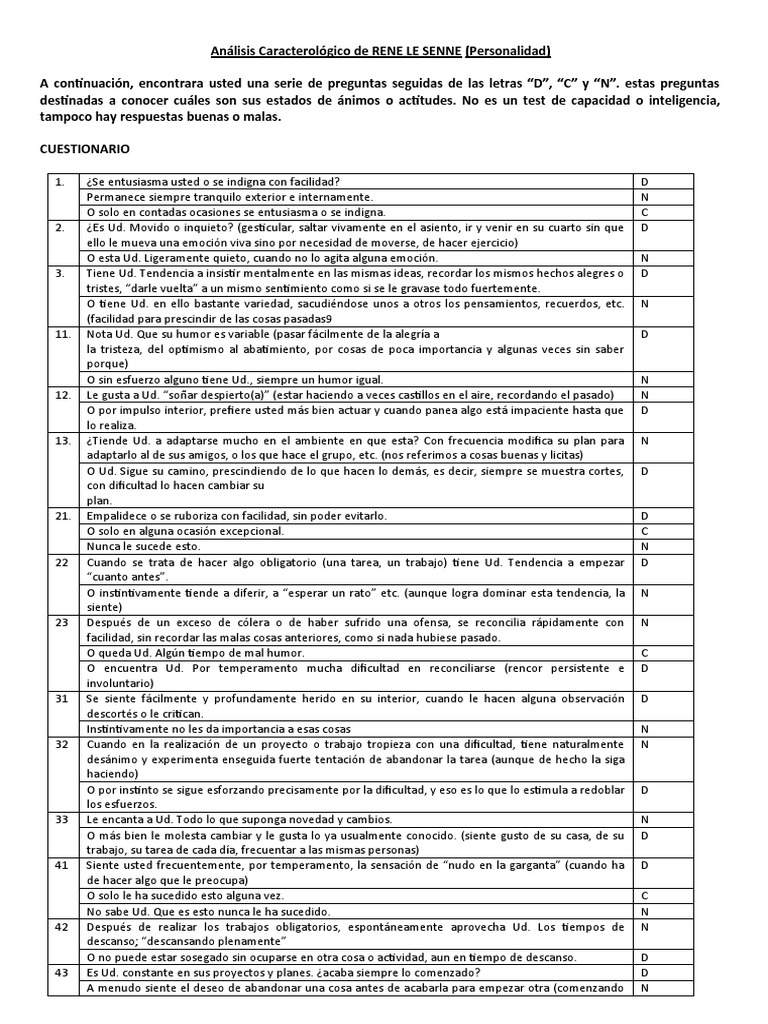 Análisis Caracterológico de RENE LE SENNE | PDF | Humor | Sicología