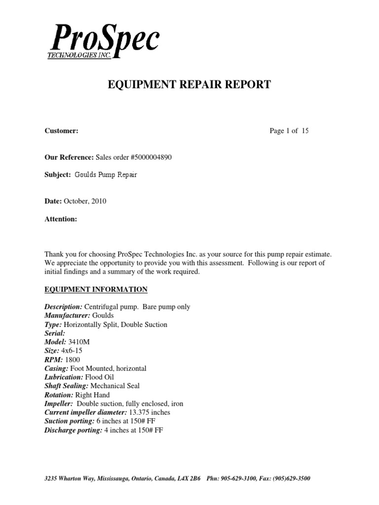 Equipment Repair Report Prospec Tech | PDF | Pump | Bearing (Mechanical)