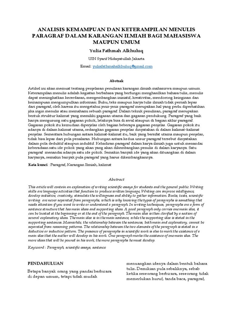 Analisis Kemampuan Dan Keterampilan Menulis Paragraf Dalam Karangan
