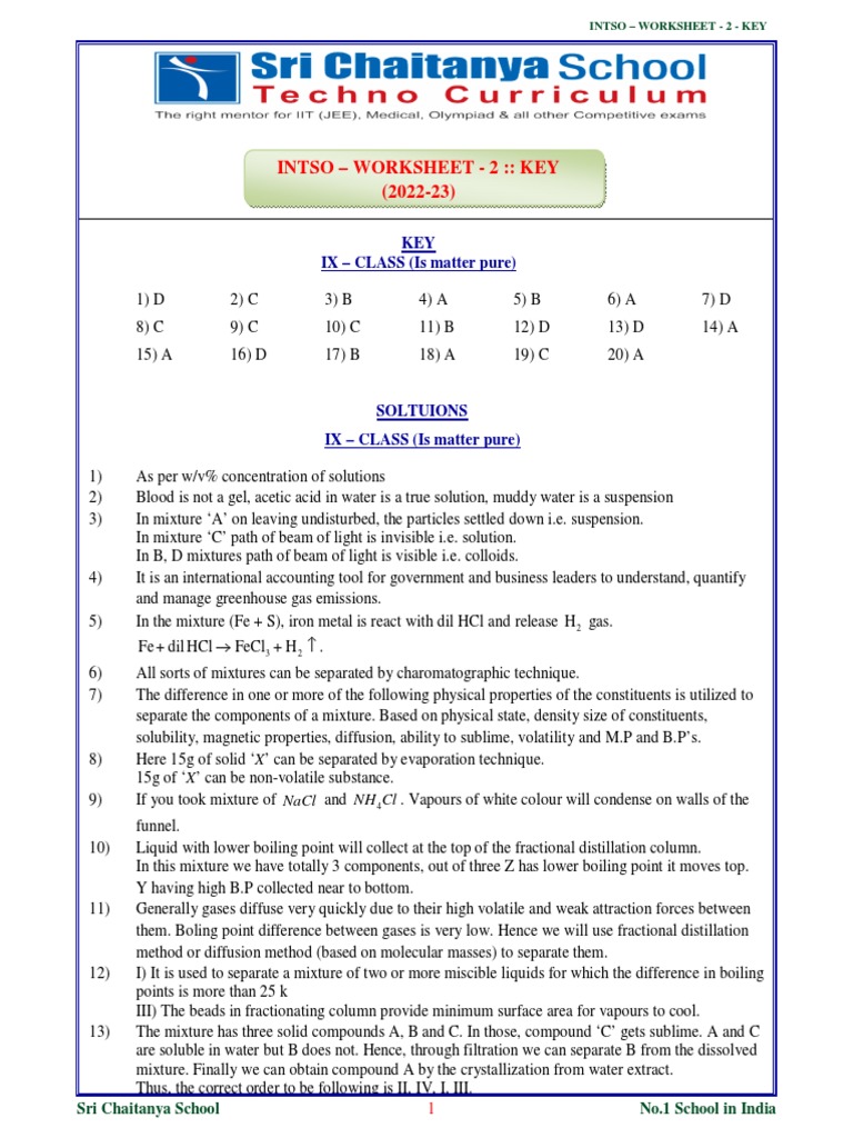 INTSO Level 2 Worksheet Solutions Key | PDF | Distillation | Applied ...