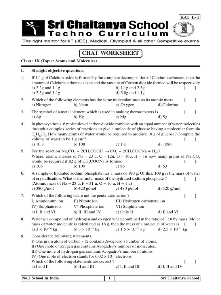 IX - Chemistry KAT Worksheet - III | PDF | Mole (Unit) | Chemical Compounds