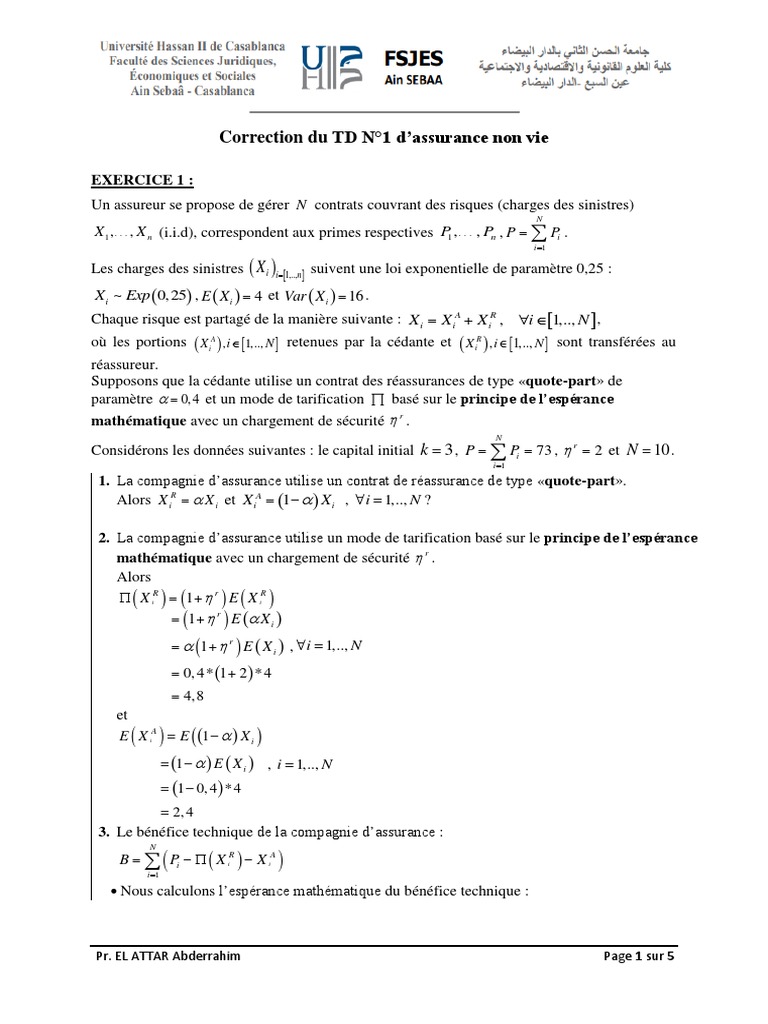 Correction Du TD N°1 D'assurance Non Vie | PDF | Réassurance | Assurance