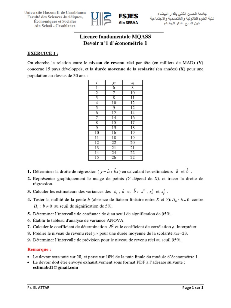 Devoir1-Econométrie 1 | PDF | Ajustement affine | Analyse statistique