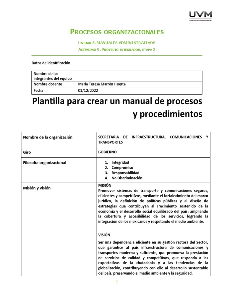 U5 - Plantilla para Crear Manual de Procesos y Procedimientos | PDF ...