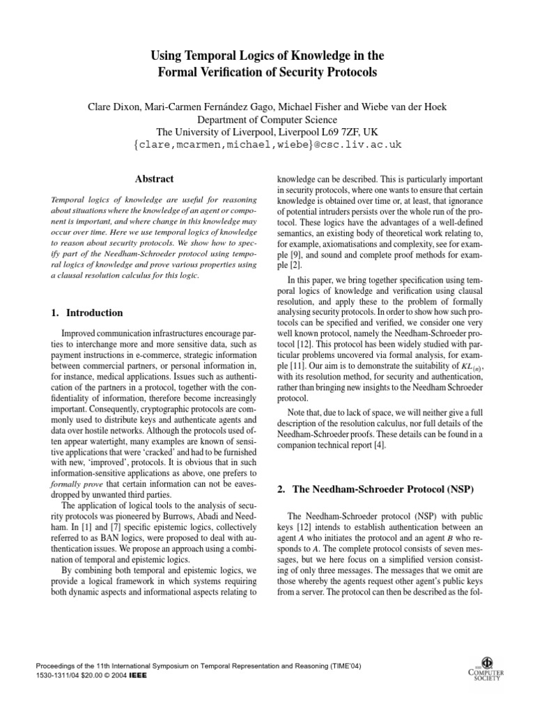 Using Temporal Logics of Knowledge in The Formal Verification of Security Protocols | PDF ...