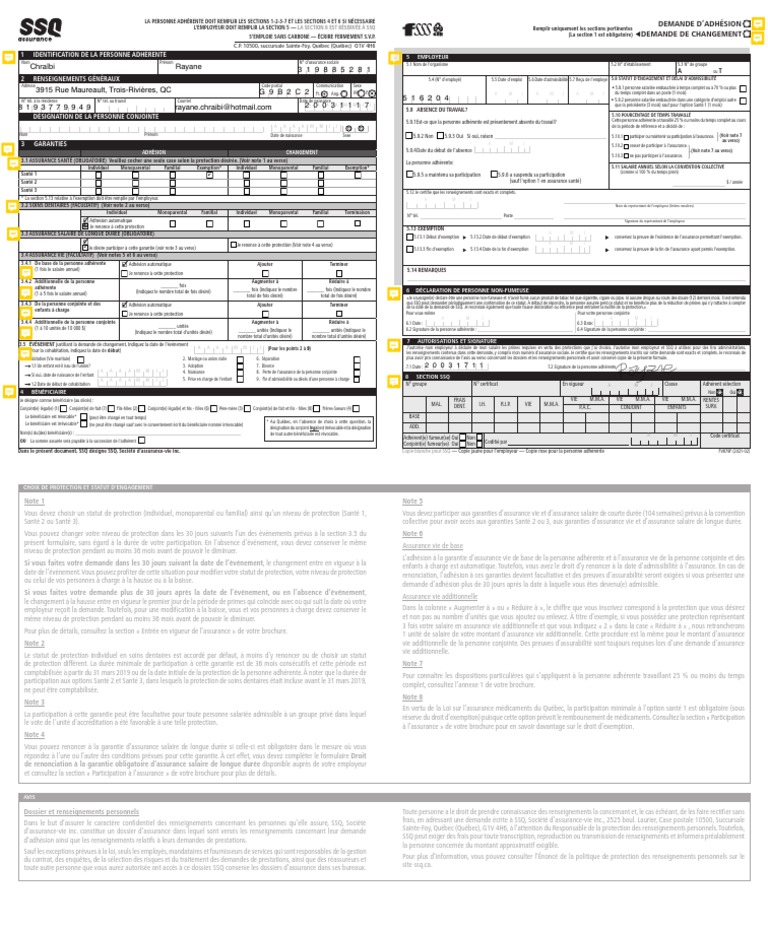 Demande d'adhésion SSQ CSN | PDF | Assurance | Salaires