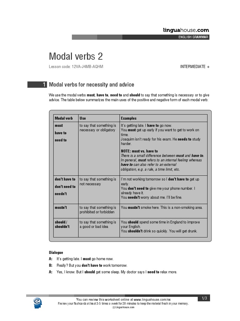 Modal Verbs 2 Necessity and Advice British English Student BW | PDF ...