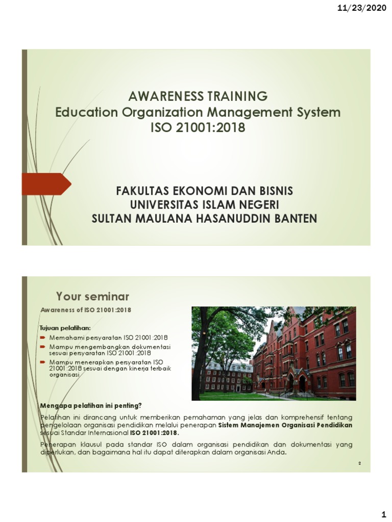 02-Awareness ISO 21001 2018 Bahasa (UIN-FEBI) | PDF