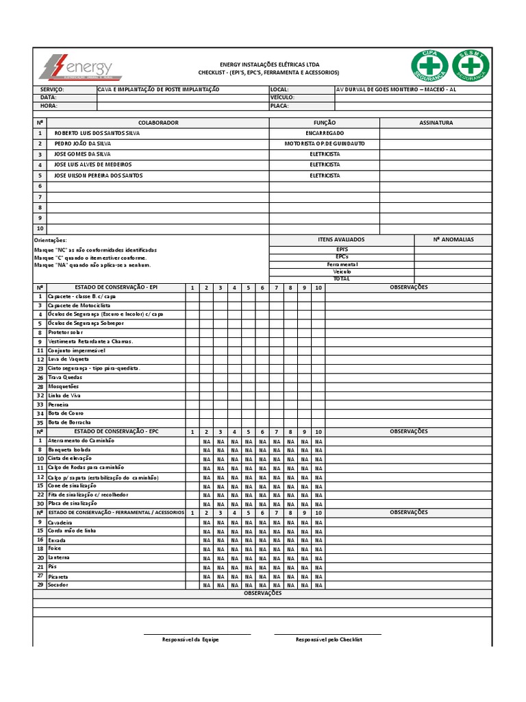 Formulário de Checklist - Epi Epc Ferramentas - Cava e Implantação de ...