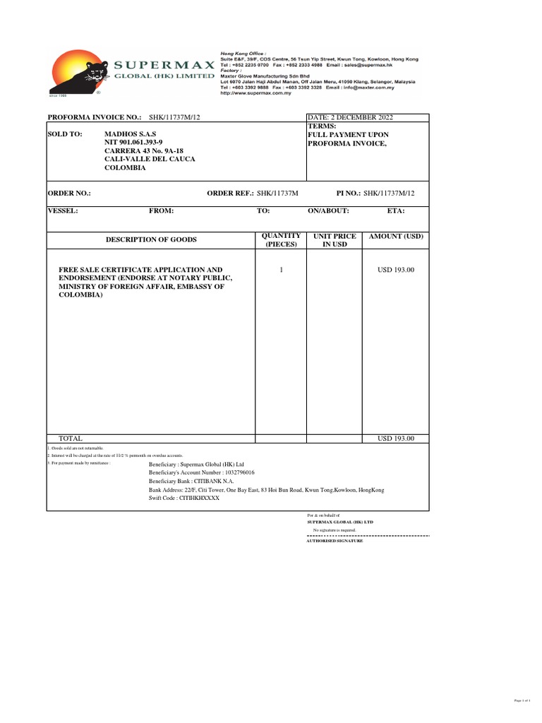Proforma Invoice SHK 11737M | PDF | Payments | Economies