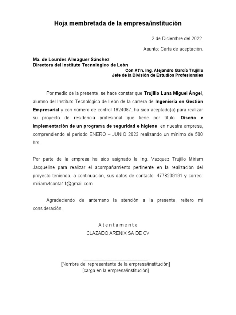 Carta de Aceptación DIVISIÓN DE ESTUDIOS PROFESIONALES ITLEON | PDF