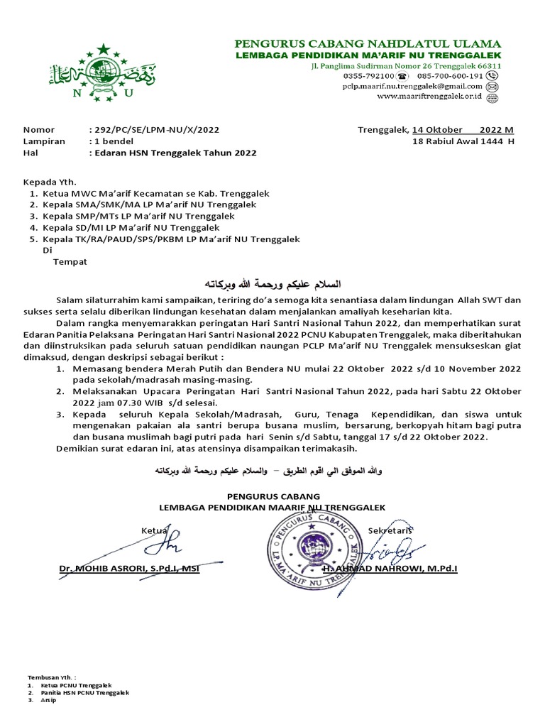 292 - Surat Edaran HSN Trenggalek 2022 | PDF