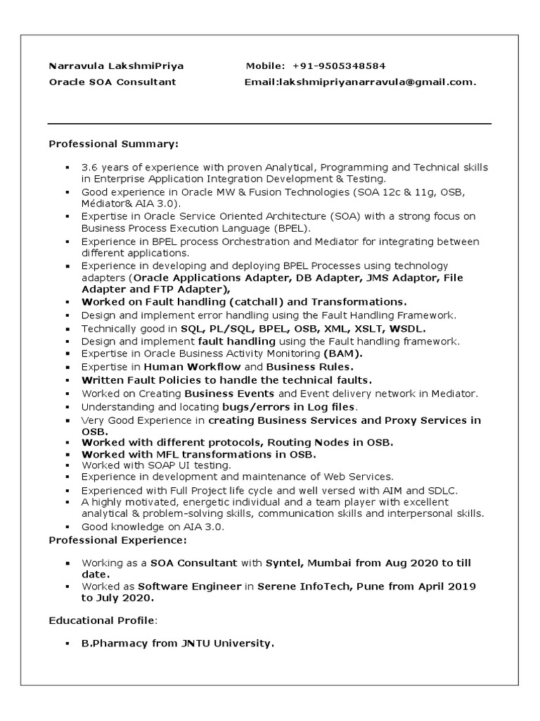 Oracle Soa Osb Lakshmipriya 3 8years Pdf Service Oriented Architecture Databases
