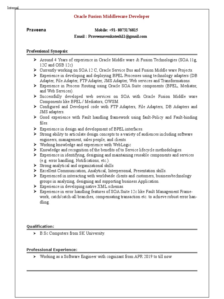 Oracle Soa Osb Praveena Venkatesh 4years Pdf Software Computing
