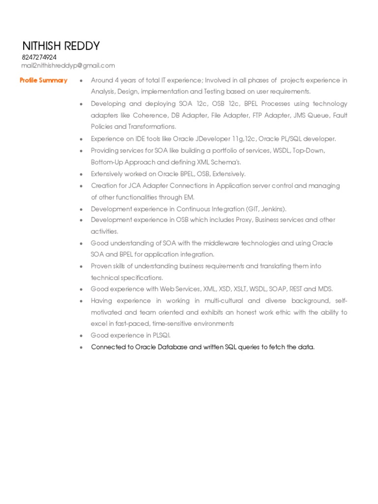 Oracle Soa Osb Nithish Reddy 4years Pdf Web Service Service Oriented Architecture