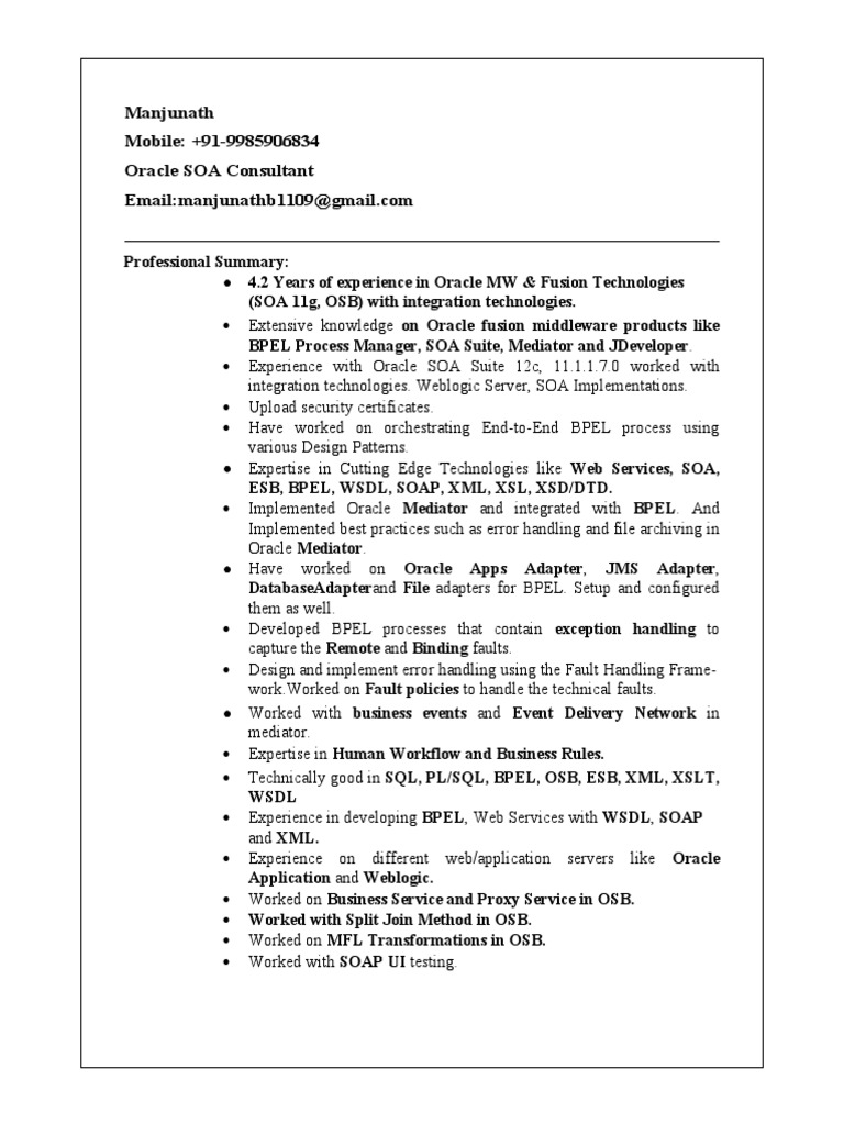 Oracle Soa Osb Manjunath 4 2years Pdf Service Oriented Architecture Soap