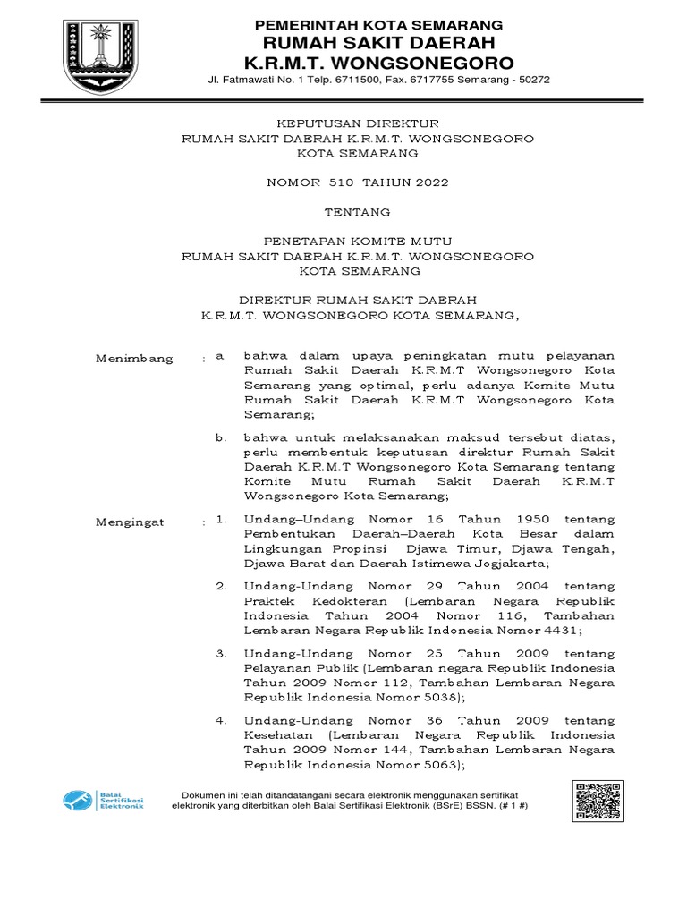 Penetapan Komite Mutu RSD K.R.M.T. Wongsonegoro | PDF