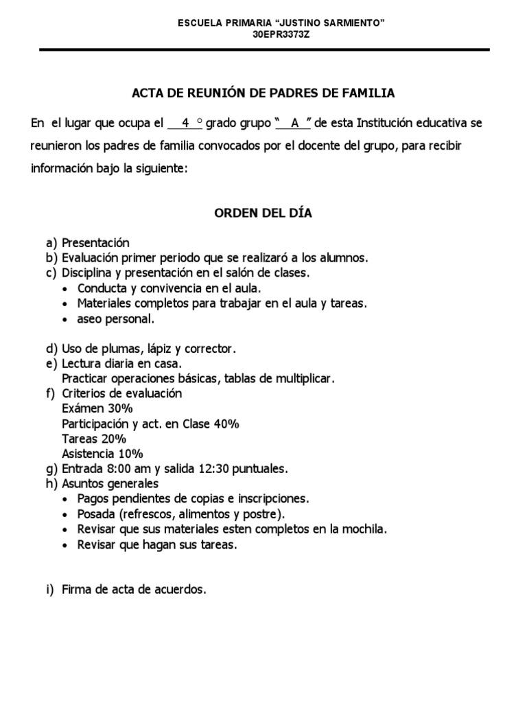 Acta de Reunion Con Padres de Familia | PDF | Educación primaria