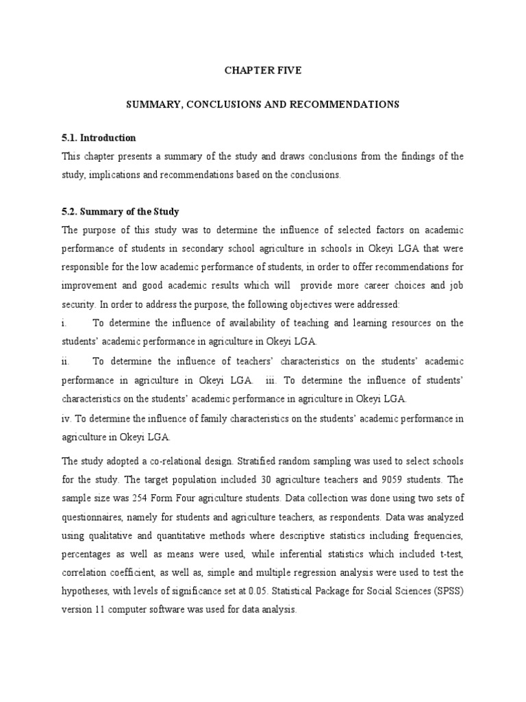 Chapter Five Summary, Conclusions and Recommendations | Download Free PDF | Teachers | Statistics