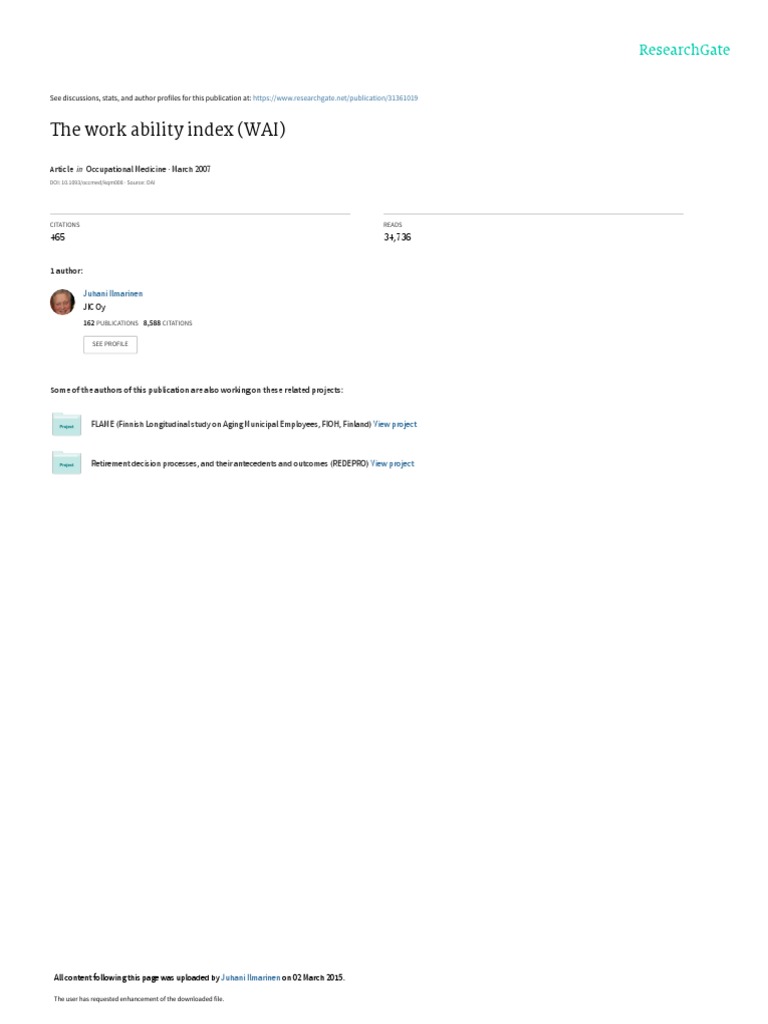 The Work Ability Index WAI | PDF | Validity (Statistics) | Health Sciences