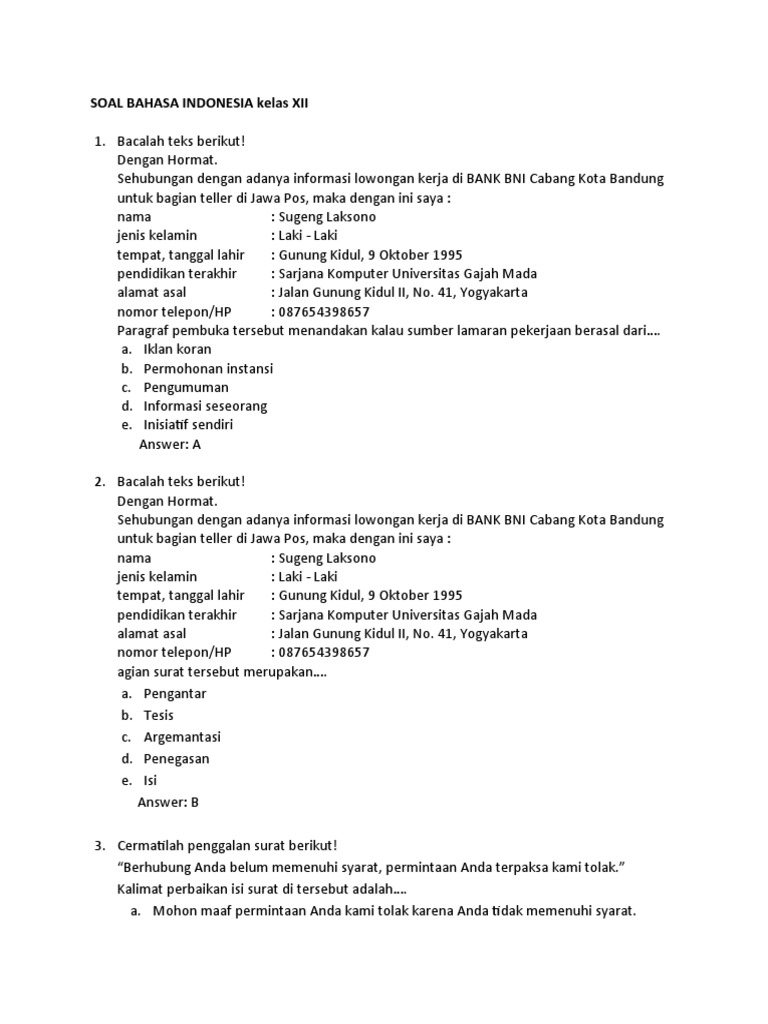 Soal Bahasa Indonesia Kelas Xii TB | PDF