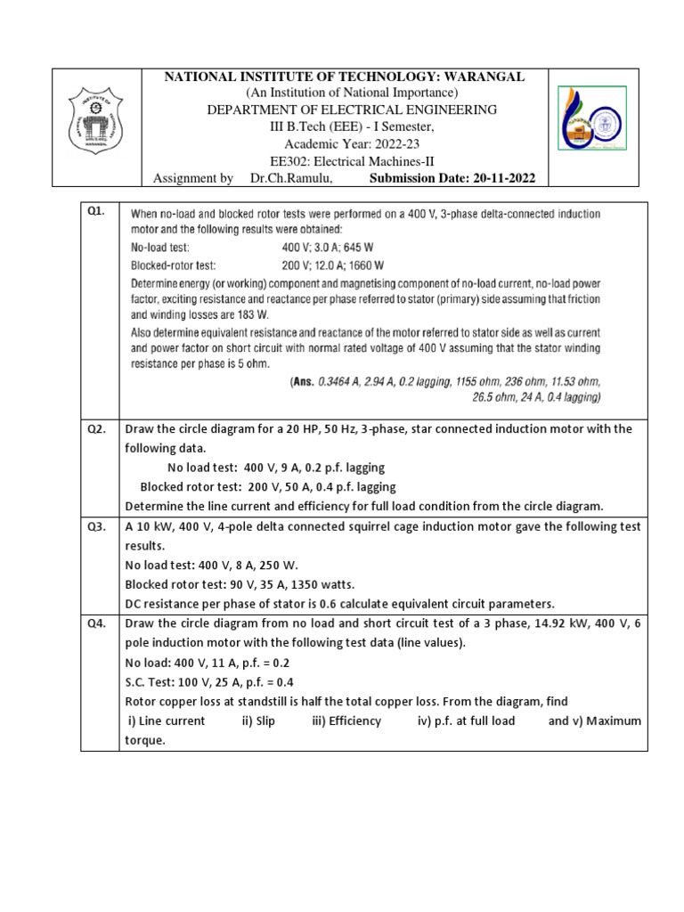EE302 EM II - Assignment - 10 11 2022 | PDF | Electric Motor | Electrical Equipment
