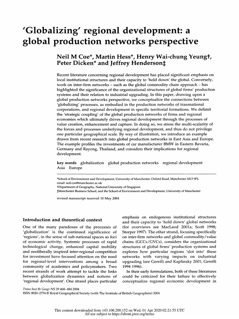 COE, Neil. Et Al. 'Globalizing' Regional Development | PDF | Globalization | Market (Economics)