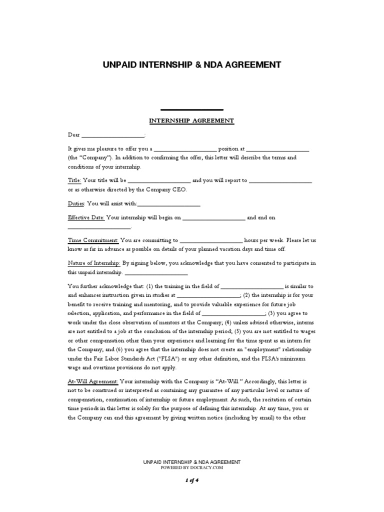 Unpaid Internship Nda Agreement | PDF | Non Disclosure Agreement ...