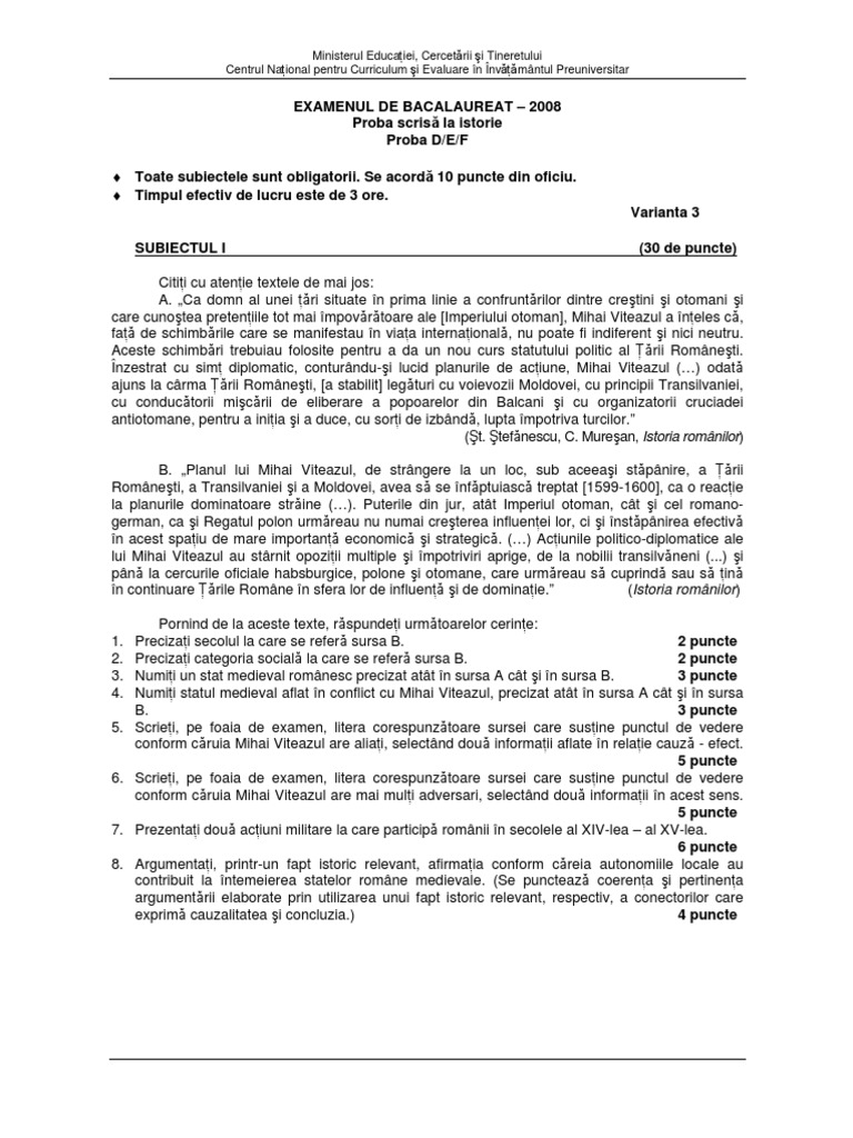 Examenul de Bacalaureat - 2008 Proba Scris La Istorie Proba D/E/F 10 Puncte Din Oficiu. Varianta ...