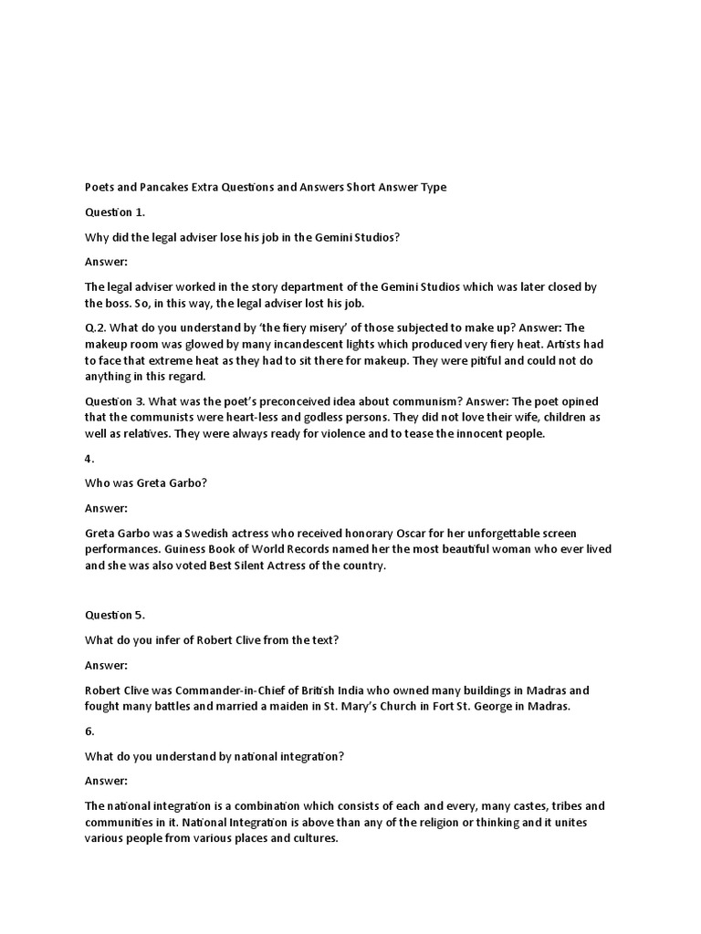 Extra Question Answer of Poets and Pancakes | PDF