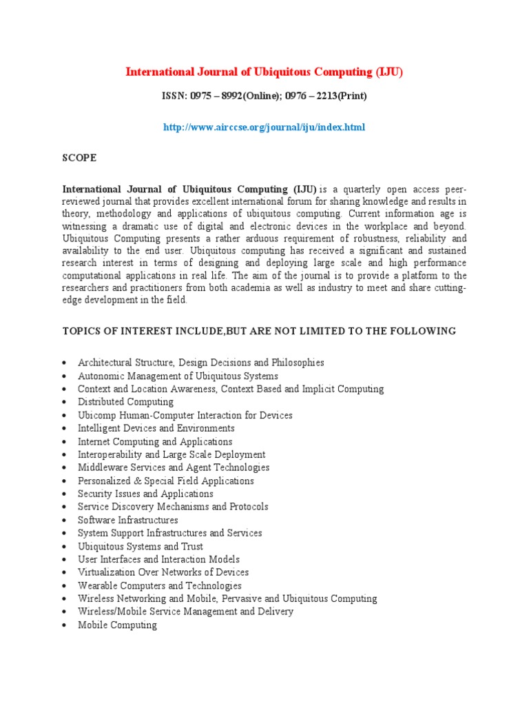 International Journal of Ubiquitous Computing (IJU) : ISSN: 0975 - 8992 (Online) 0976 - 2213 ...