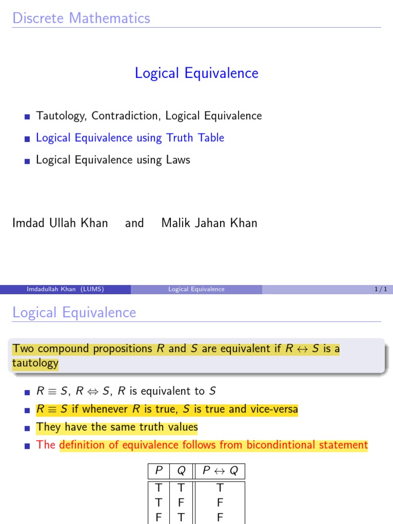 Cs210 Slides 02 02 Logic Equivalence Truthtables Pdf Mathematical Logic Logical Expressions