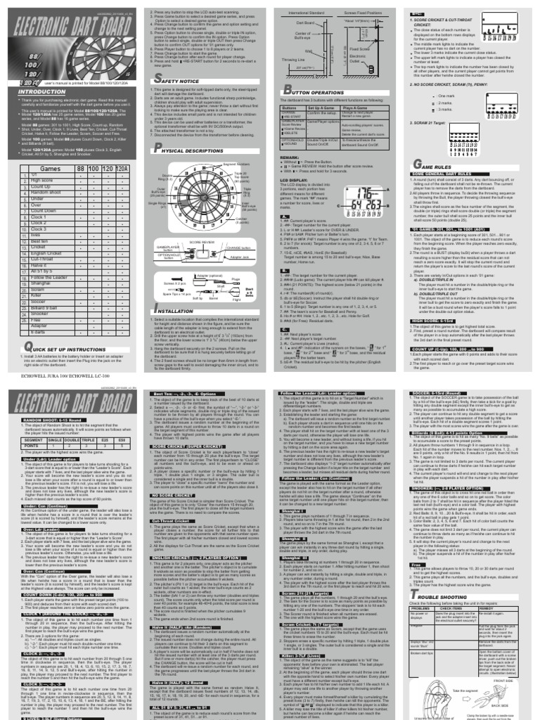 Electronic Dart Board: Games 88 100 120 120A | PDF | Sports | Games Of ...
